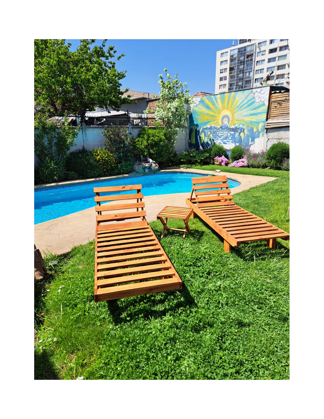 Reposera Reclinable De Madera Y Mesita Lateral